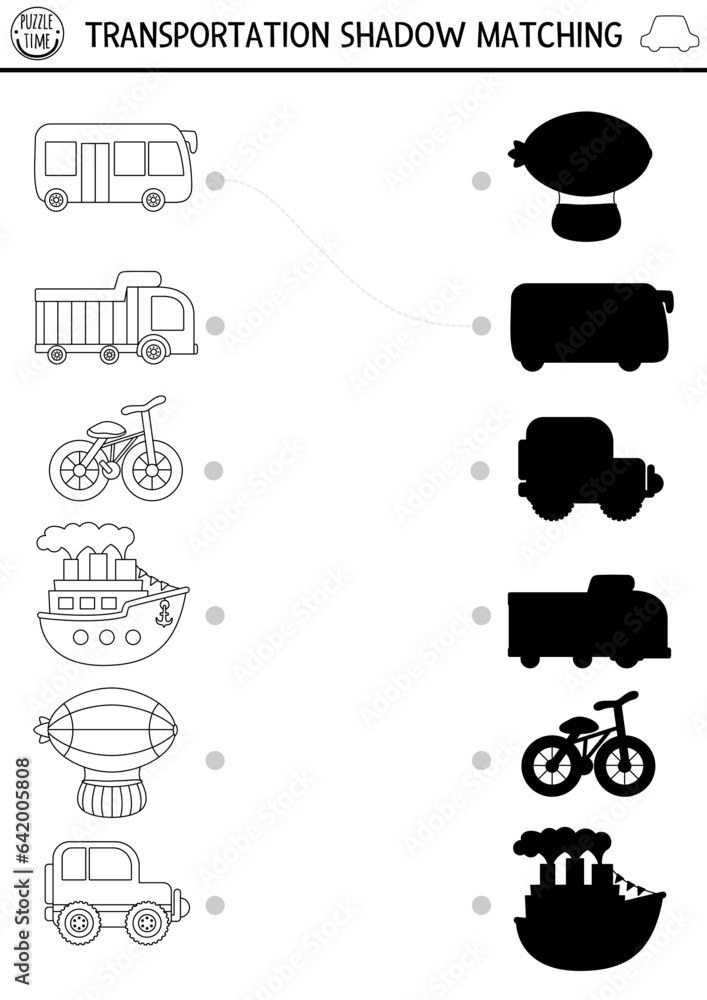 Transportation black and white shadow matching activity. Transport line ...