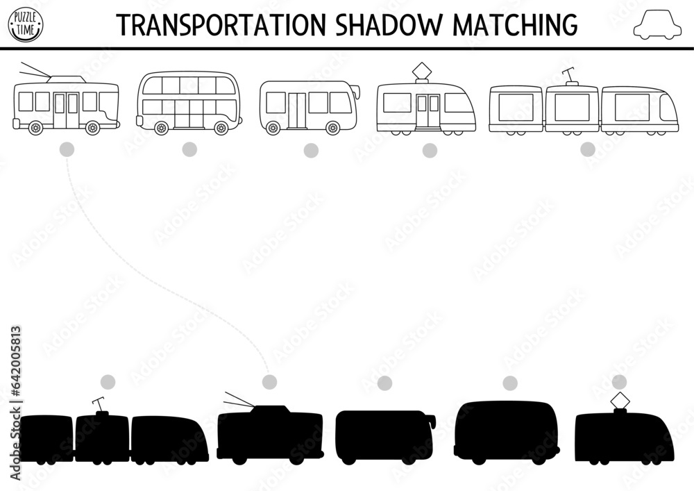 Transportation black and white shadow matching activity. Public ...