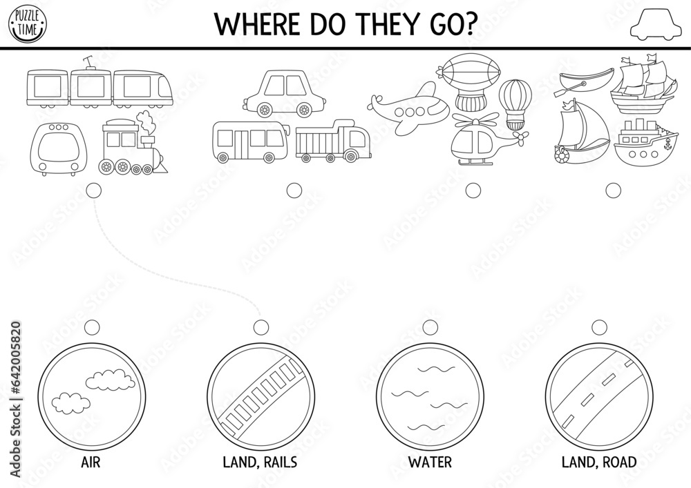 Transportation black and white matching activity with cute plane, ship ...