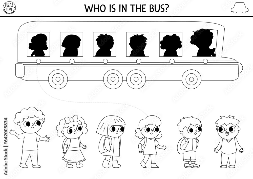 Transportation black and white shadow matching activity. Transport line ...