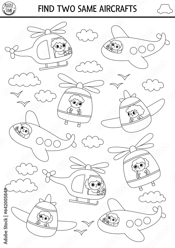 Find two same aircrafts. Transportation black and white matching ...