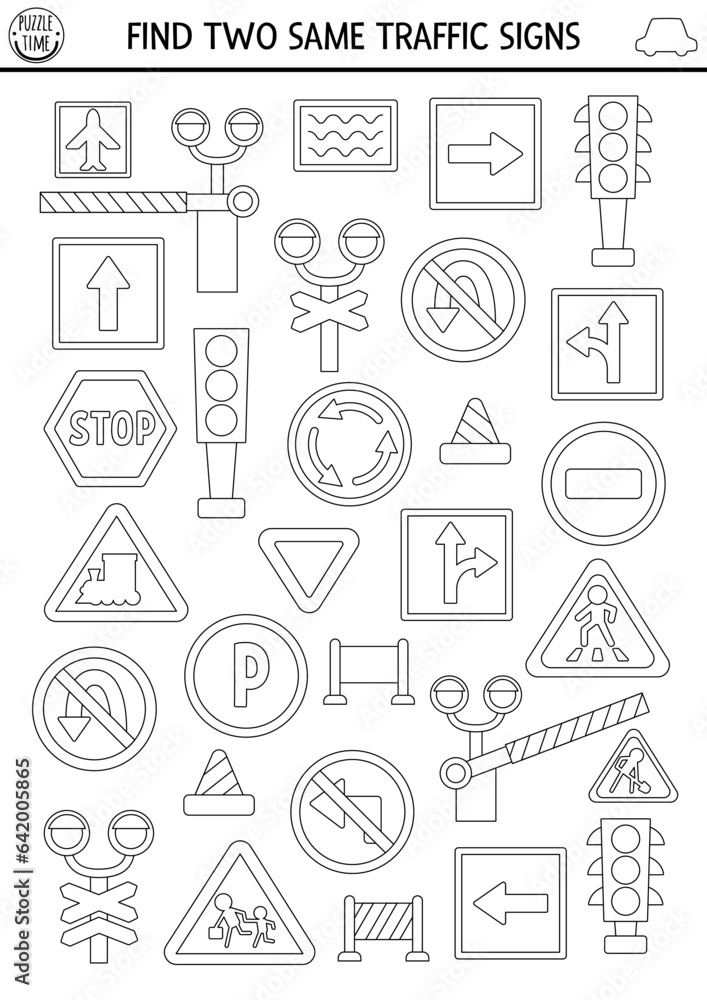 Find two same road signs. Transportation black and white matching ...