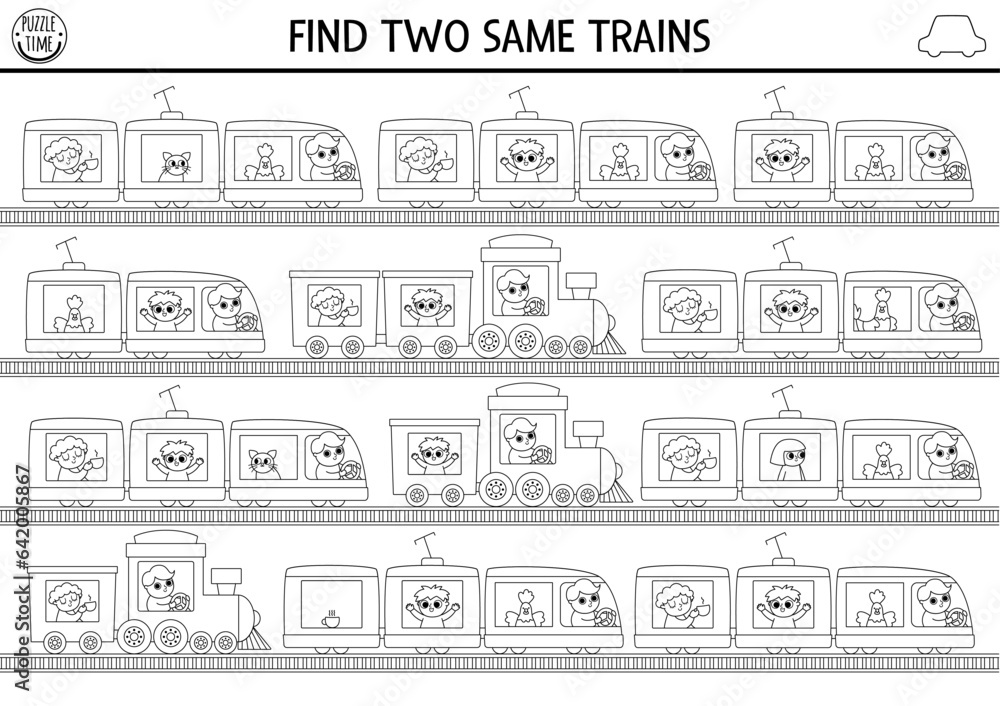 Find two same trains. Transportation black and white matching activity ...