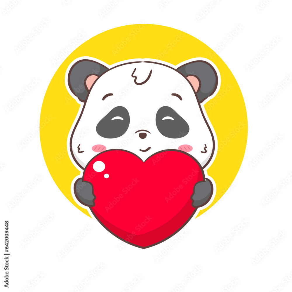 Cute panda with big love heart. Adorable kawaii animal concept design ...