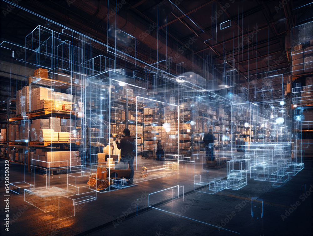 Inside a warehouse with boxes and overlay denoting smart warehouse ...