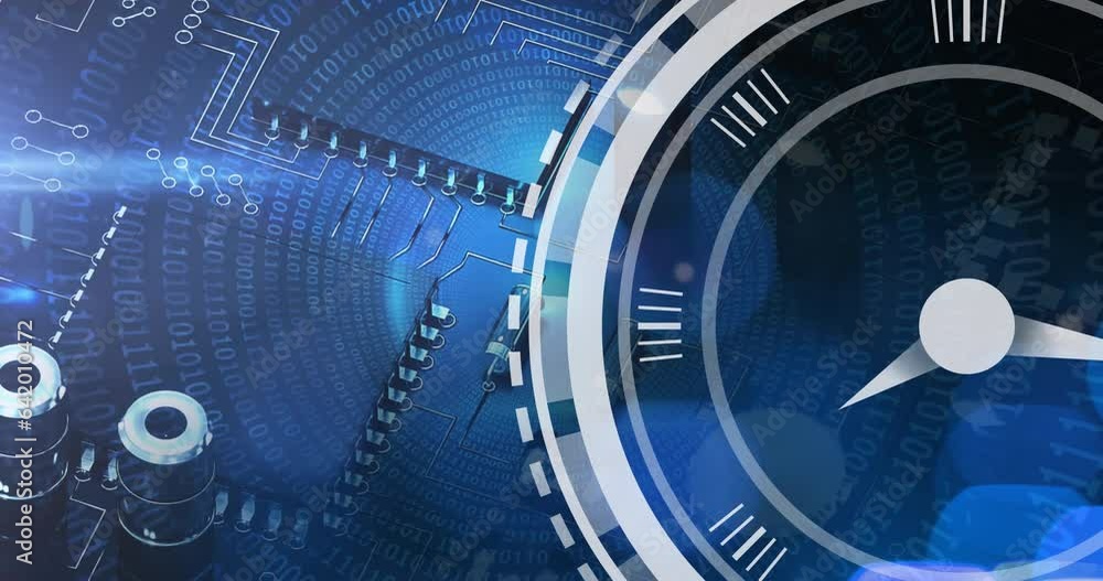 Animation of digital clock over motherboard and binary codes in ...