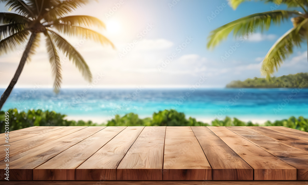 Wooden table top with the blurred tropical beach landscape for display ...