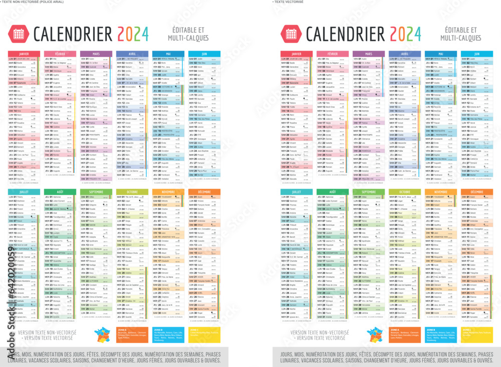 Calendrier 2024 - Fichier éditable et multi-calques Stock Vector ...