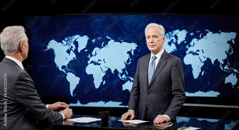 TV presenter in studio. news presenter on popular channel. political ...