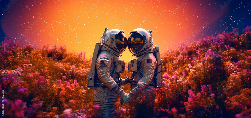Two astronauts in space suits and helmet on kiss on a surface of a planet, in a field full of ...