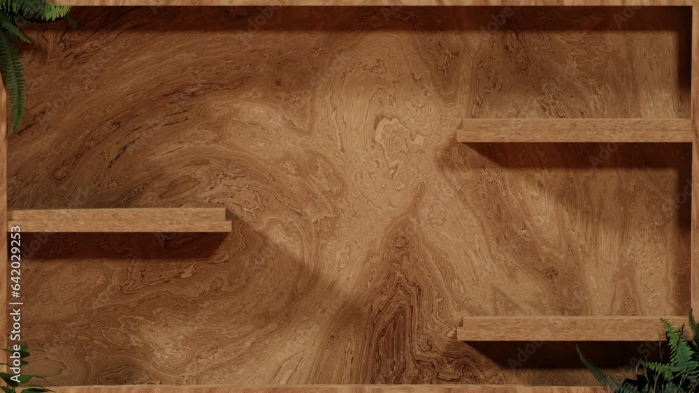 3d animation of wood door open and show up a wood display with plant ...