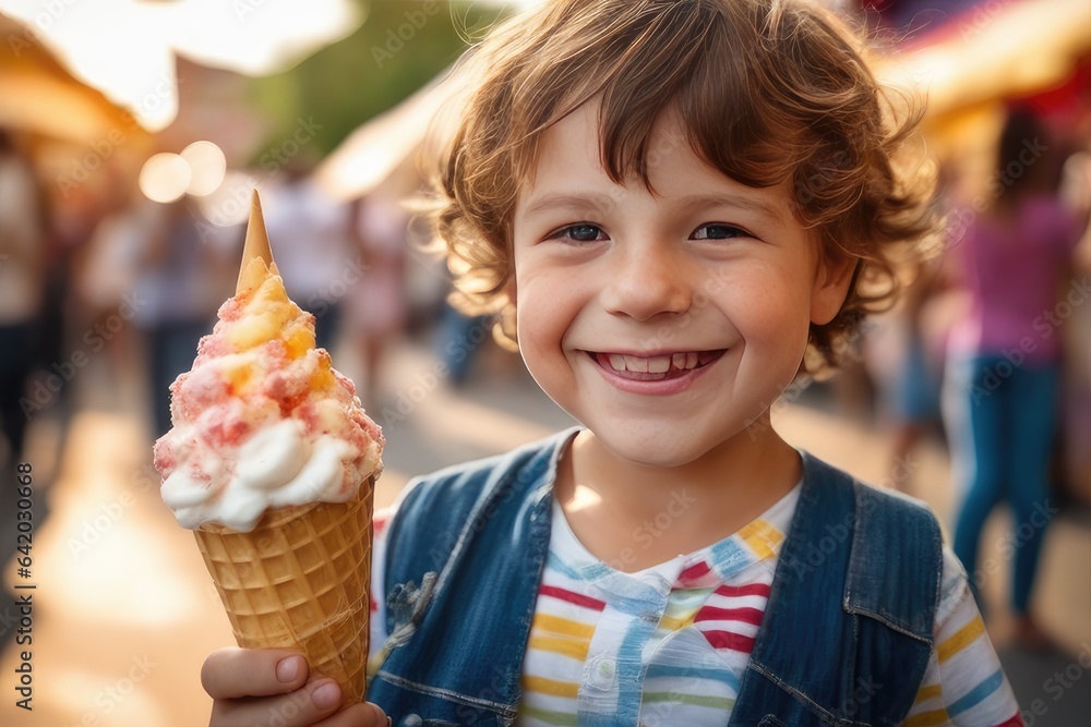 boy eating ice cream cone at street market Stock Illustration | Adobe Stock
