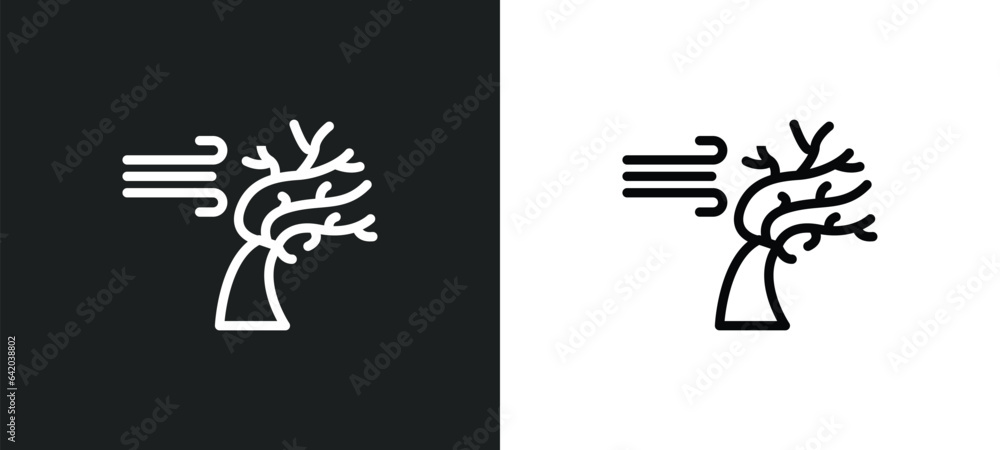 wind and bend trees icon isolated in white and black colors. wind and ...