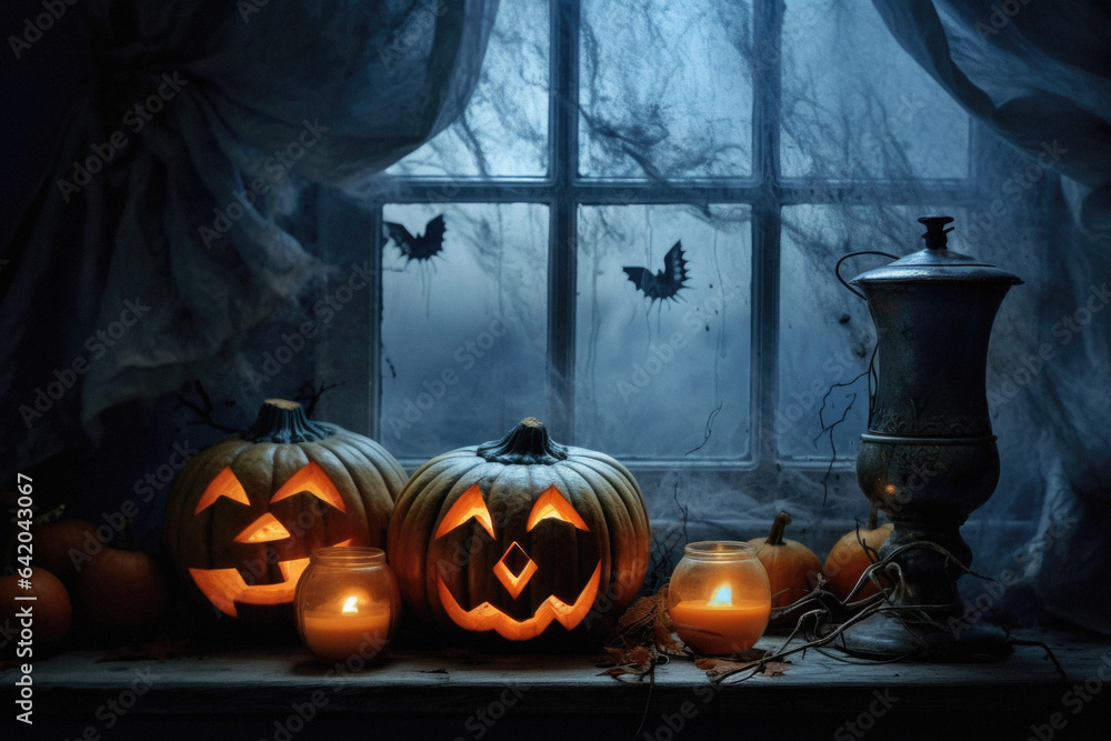 Halloween spooky background, scary pumpkins with smoke in old big ...