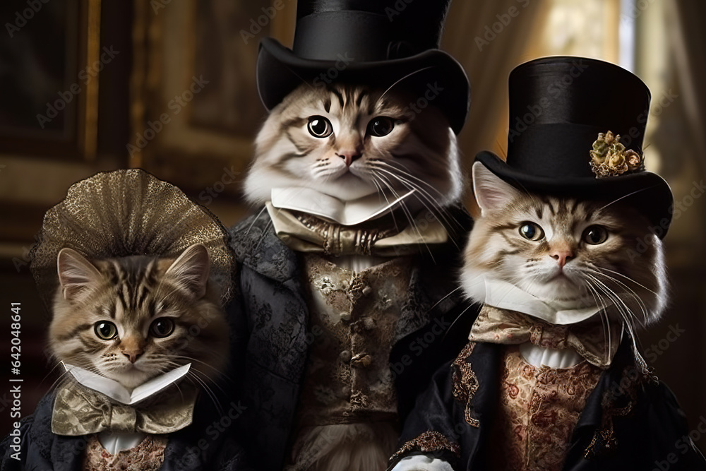 Family of cats in royal outfits of the Victorian era. Fynny cats. Cats ...