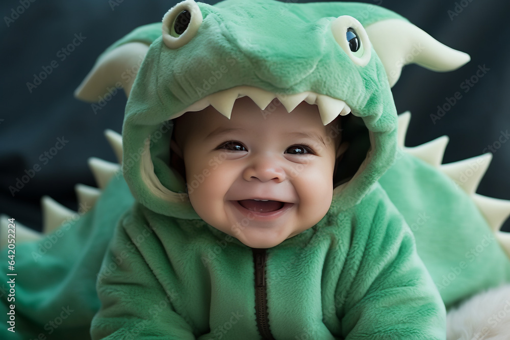 Cute little baby in green dragon costume sitting on bed at home ...