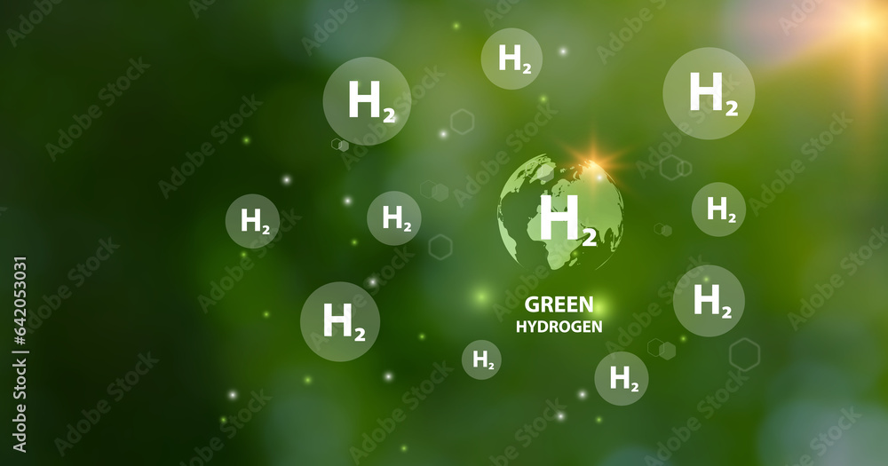 Foto de H2 hydrogen innovation zero emissions technology.Globe Glass with H2 icons. Reduce ...
