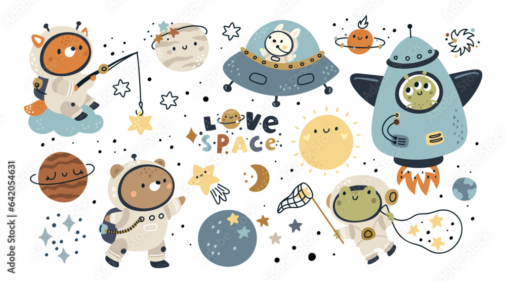 Cute cartoon baby animals in space illustration isolated white ...