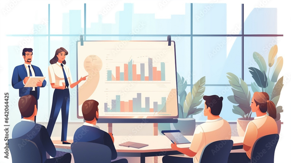 flat vector illustration of business meeting in a office with graph and ...