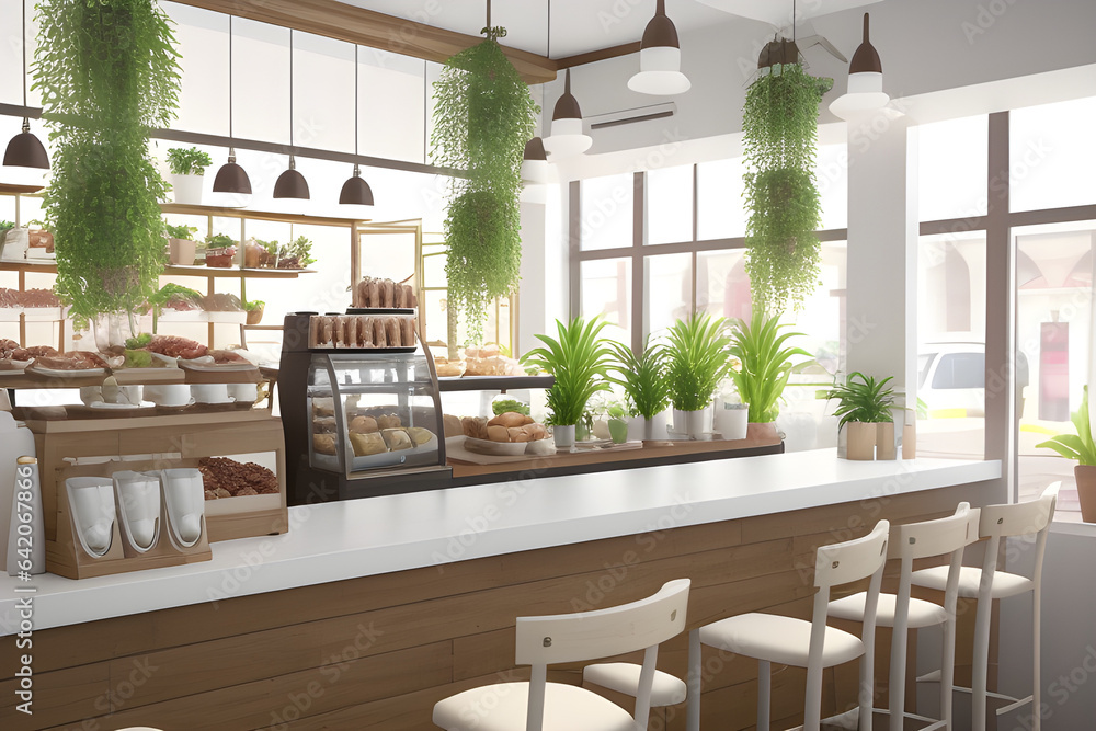 Realistic 3D render interior design of a bistro cafe with white counter ...