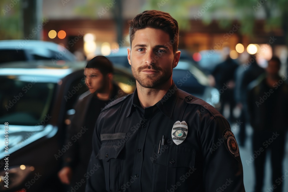 Portrait of a young male security guard in uniform standing in the ...