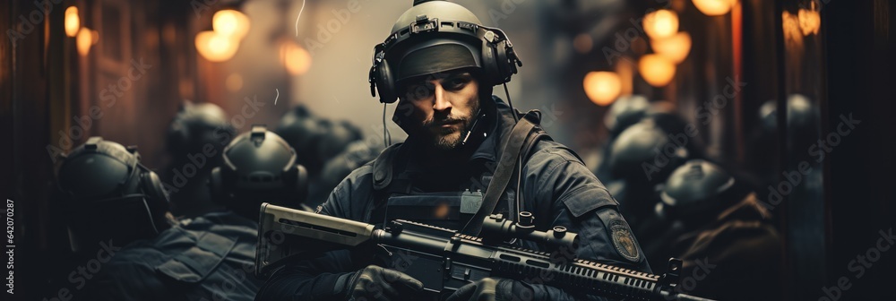 Fotografia do Stock: Swat forces. SWAT officer in full tactical gear ...