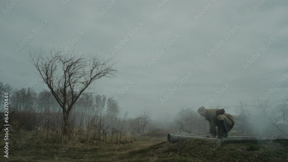 Side view long slowmo of people wearing Red Army uniforms taking part ...