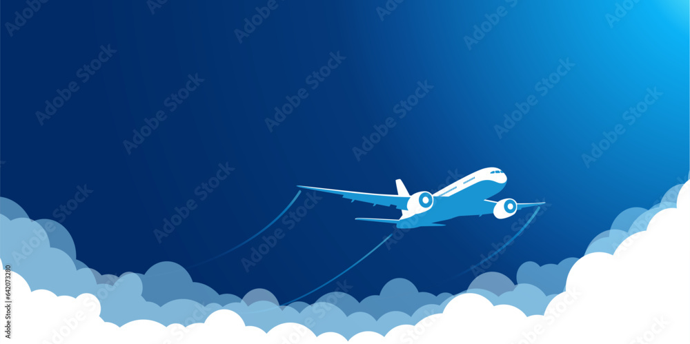 White plane in the blue sky flying above the clouds. Vector background ...