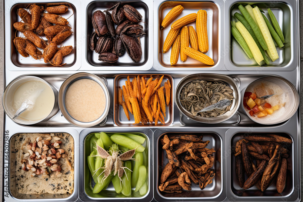 Overhead shot school lunch tray of cooked insects and bugs school food ...