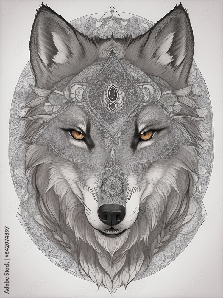 mandala art of a wolf face black lines Stock Illustration | Adobe Stock