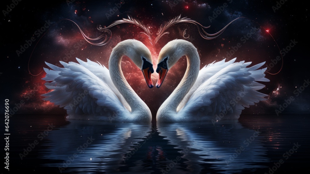 two beautiful swans on a lake shape heart with their long necks and ...