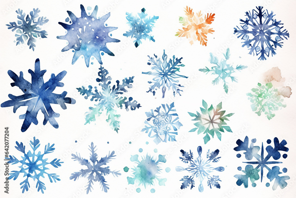Different sizes and types hand drawn snowflakes on white paper ...
