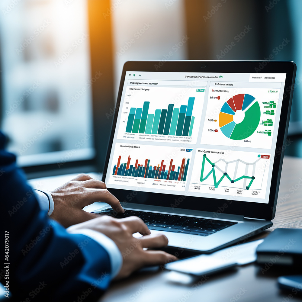 Business analyst using laptop for data-driven insights on performance ...