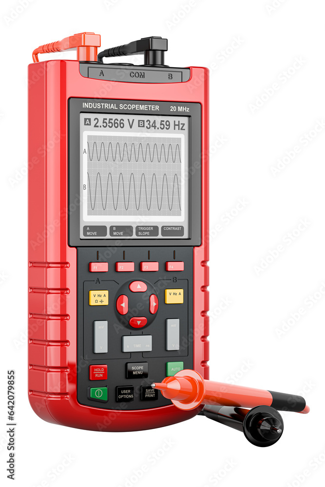 Digital oscilloscope, industrial scopemeter, red color. 3D rendering ...
