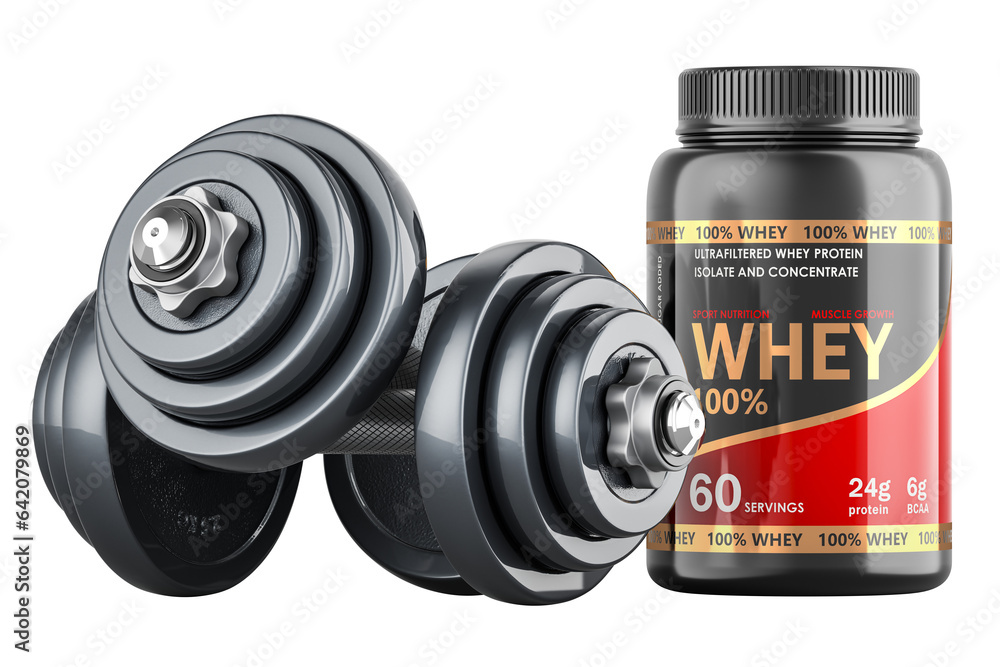Dumbbells and Whey Protein Powder Jar. Sport nutrition, concept. 3D ...