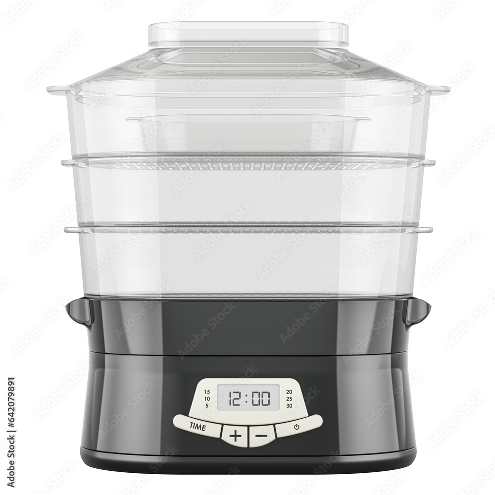 Food steamer, steam cooker. Black color, front view. 3D rendering ...