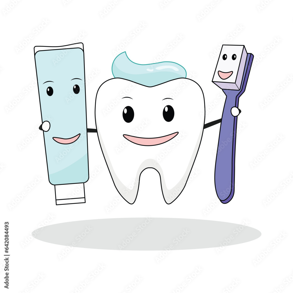 Toothpaste, tooth and toothbrush, vector illustration encouraging ...