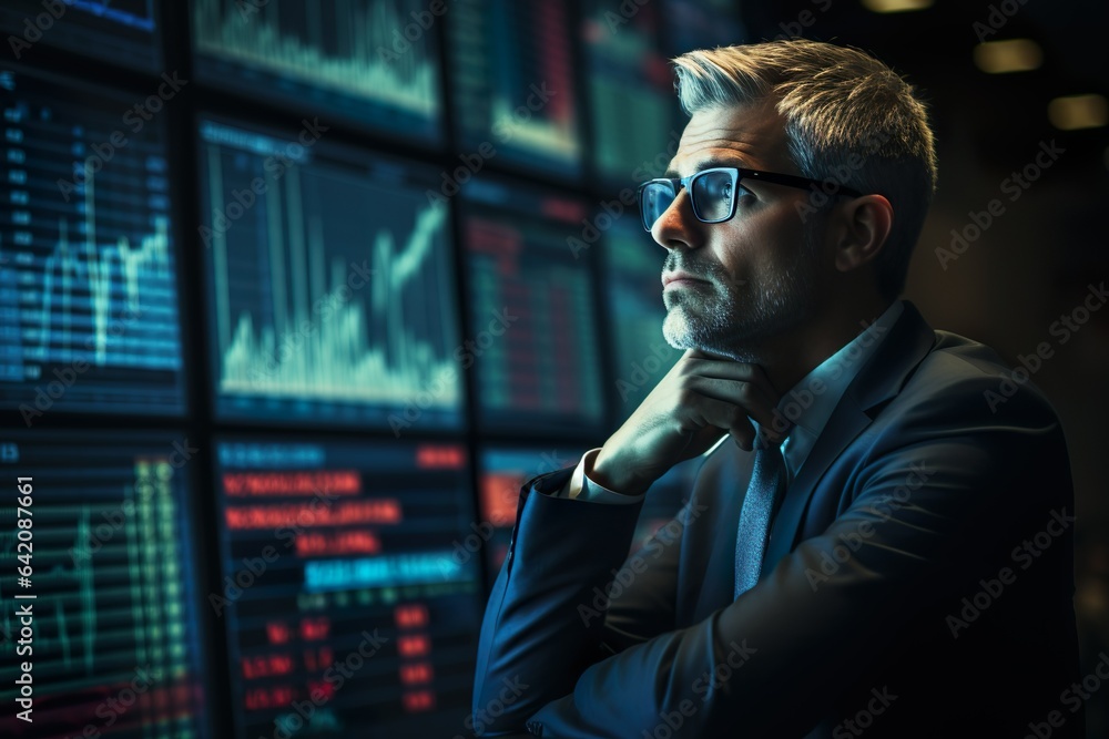 businessman stock financial specialist trader broker working with monitor screen with stock ...