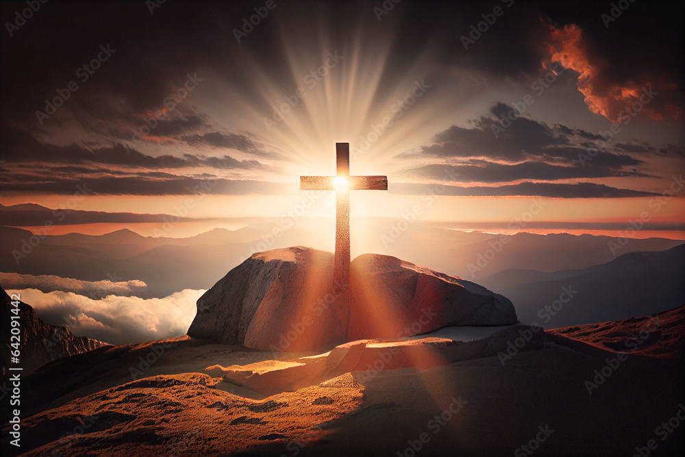 Cross on the mountain with sun light, belief, faith and spirituality ...
