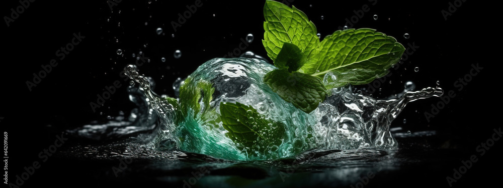 Submerged Mint: Close Up Mint in Ice Drops Into the Water Splashes Dark ...