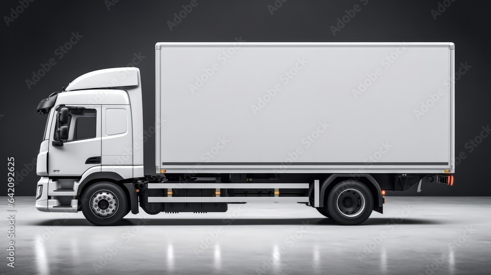 Side view of a plain white truck on dark background, Freight ...