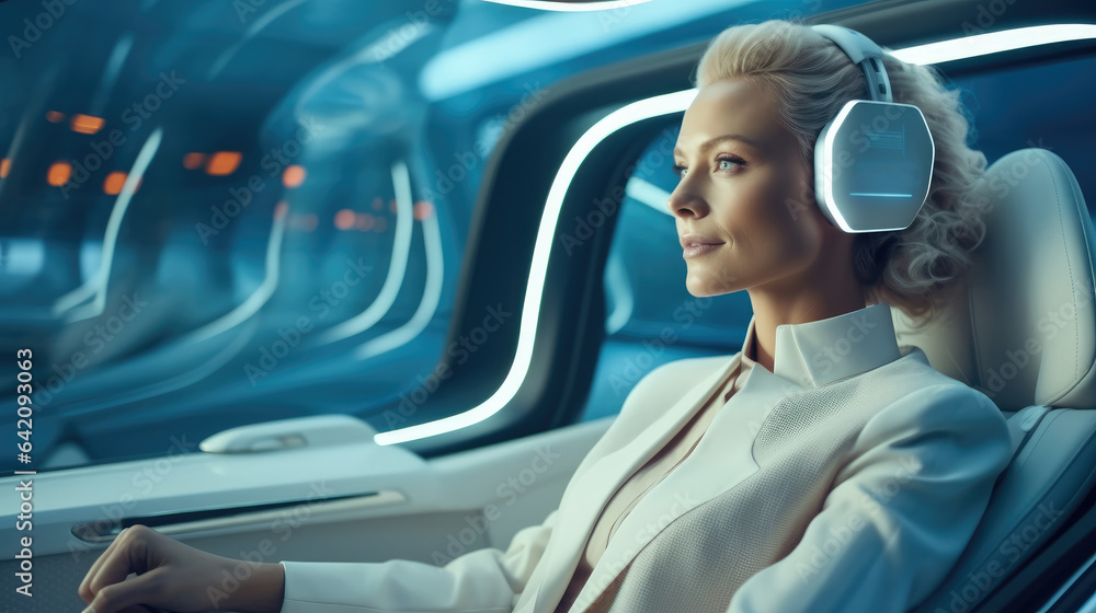 Woman are ride in a self-driving car controlled by an artificial ...