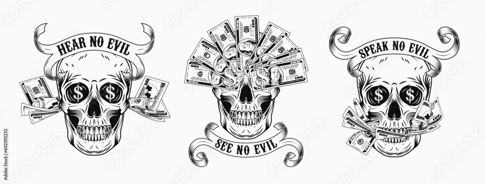 Labels with skull, cash money, 100 dollar bills, dollar sign, vintage ...