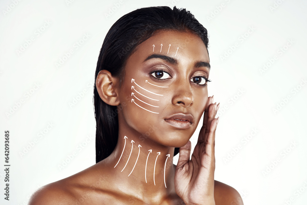 Plastic surgery portrait, arrow lines and woman touch beauty filler ...