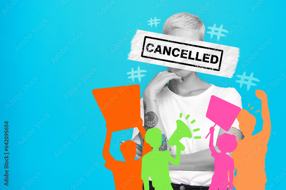 Ban, cancel and woman with censor on face for boycott, silence opinion ...
