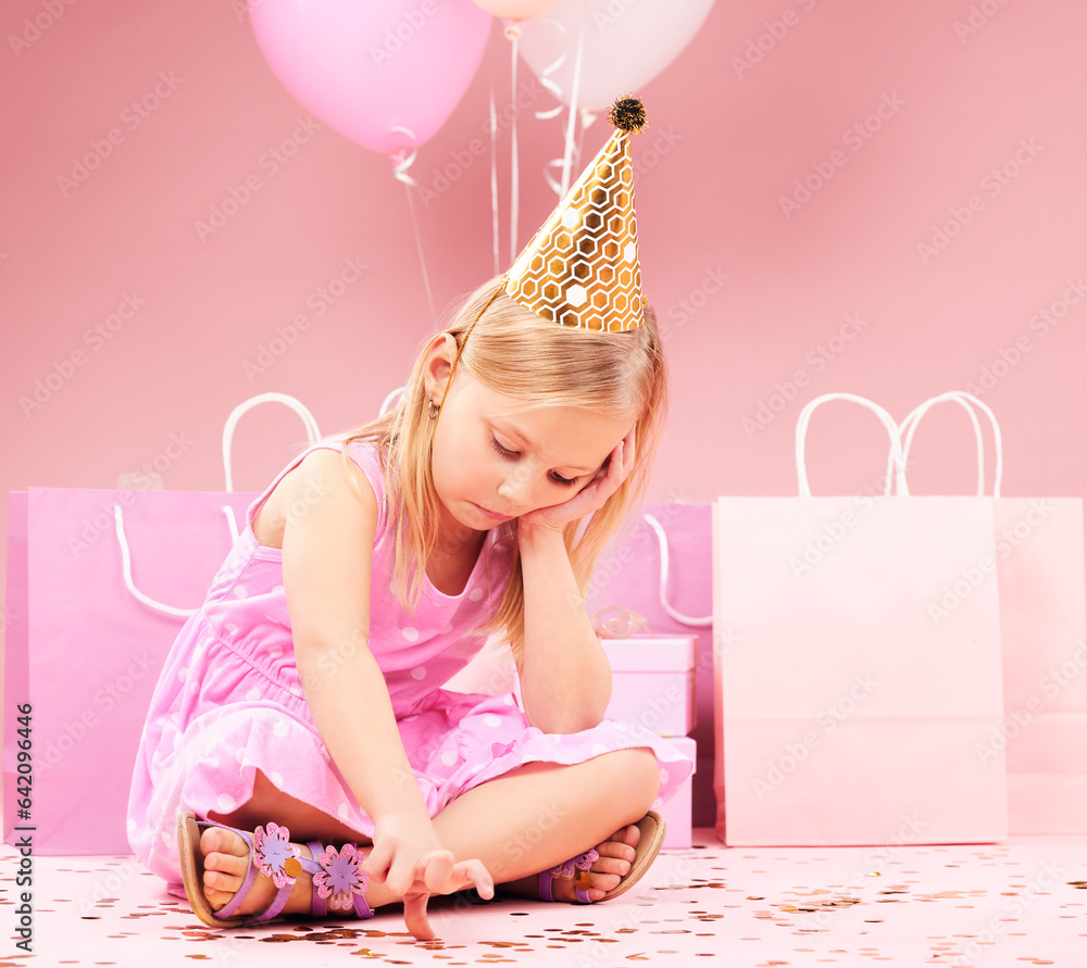 Depression, sad birthday and child on pink background disappointed for ...
