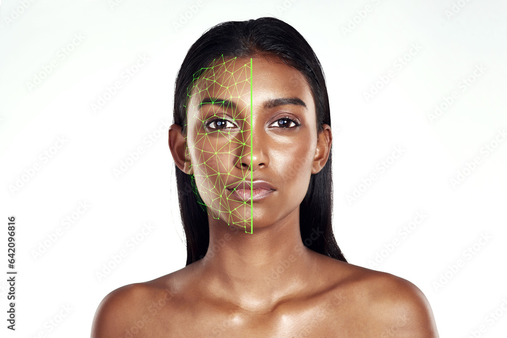 Portrait, beauty and facial recognition for skincare with a woman in ...