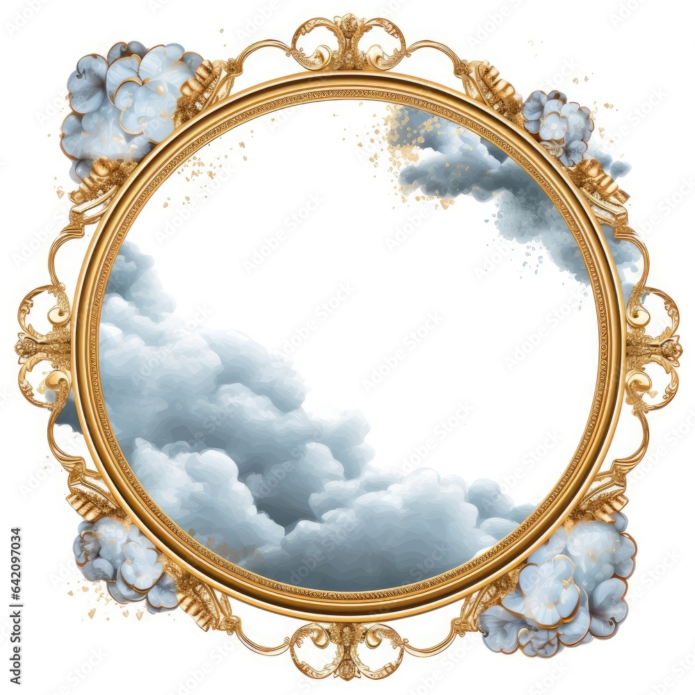 Gold frame with decorations, clouds inside the picture Stock ...