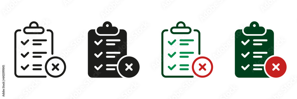 Clipboard with Cross, Delete Document Line and Silhouette Icon Set ... Clipboard with Cross, Delete Document Line and Silhouette Icon Set ...