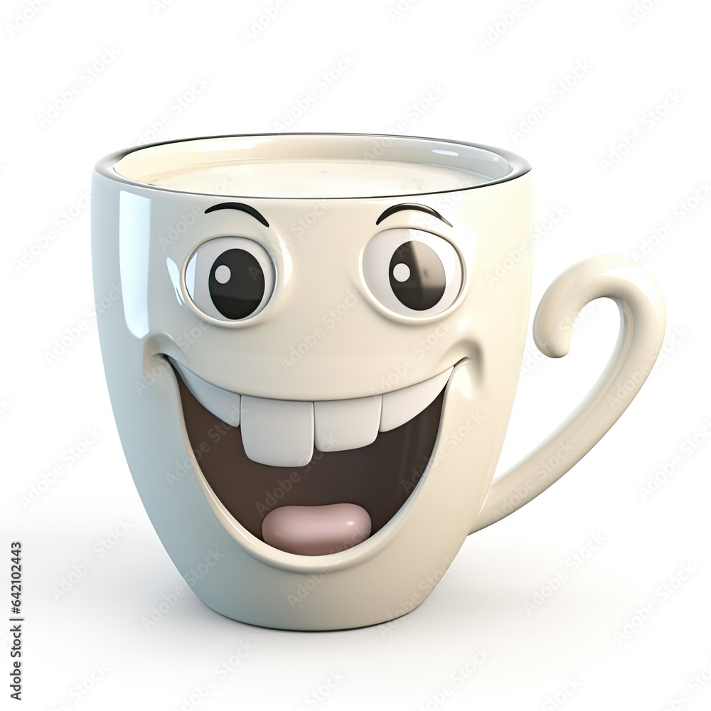 cartoon white cup with milk or fermented milk product, kefir close-up ...